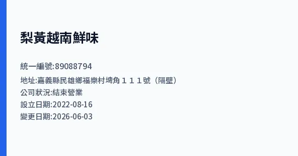 梨黃越南鮮味的照片-統編 89088794(嘉義縣) 公司登記資料與營業項目詳細圖表