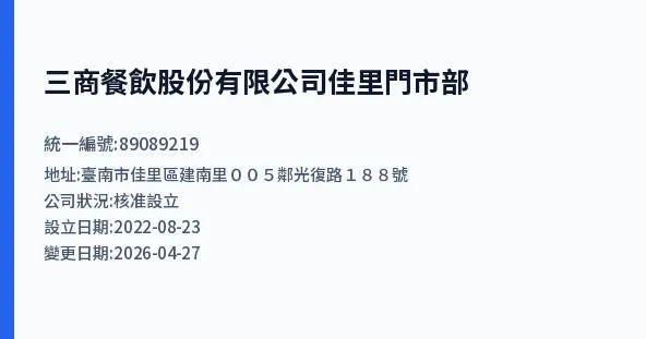 三商餐飲股份有限公司佳里門市部的照片-統編 89089219(臺南市) 公司登記資料與營業項目詳細圖表