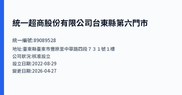 統一超商股份有限公司台東縣第六門市的照片-統編 89089528(臺東縣) 公司登記資料與營業項目詳細圖表
