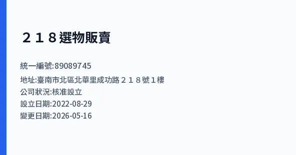 218選物販賣的照片-統編 89089745(臺南市) 公司登記資料與營業項目詳細圖表