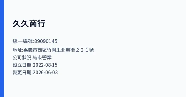 久久商行的照片-統編 89090145(嘉義市) 公司登記資料與營業項目詳細圖表