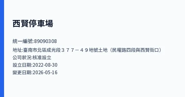 西賢停車場的照片-統編 89090308(臺南市) 公司登記資料與營業項目詳細圖表