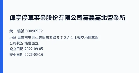 俥亭停車事業股份有限公司嘉義嘉北營業所的照片-統編 89090932(嘉義市) 公司登記資料與營業項目詳細圖表