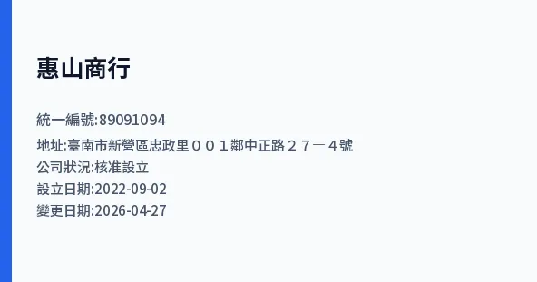 惠山商行的照片-統編 89091094(臺南市) 公司登記資料與營業項目詳細圖表