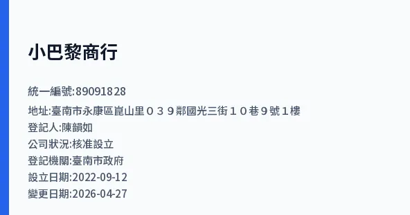 小巴黎商行的照片-統編 89091828(臺南市) 公司登記資料與營業項目詳細圖表