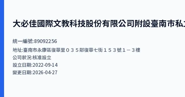 大必佳國際文教科技股份有限公司附設臺南巿私立永必佳文理短期補習班的照片-統編 89092256(臺南市) 公司登記資料與營業項目詳細圖表