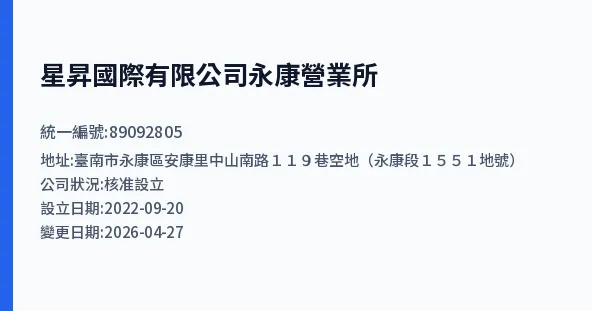 星昇國際有限公司永康營業所的照片-統編 89092805(臺南市) 公司登記資料與營業項目詳細圖表
