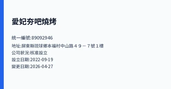 愛妃夯吧燒烤的照片-統編 89092946(屏東縣) 公司登記資料與營業項目詳細圖表