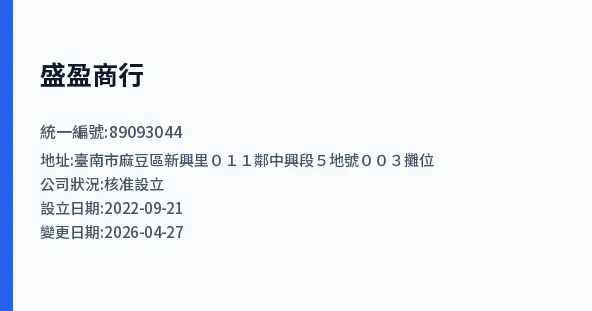盛盈商行的照片-統編 89093044(臺南市) 公司登記資料與營業項目詳細圖表