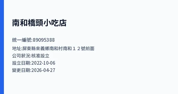 南和橋頭小吃店的照片-統編 89095388(屏東縣) 公司登記資料與營業項目詳細圖表