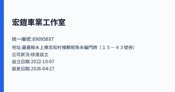 宏鎧車業工作室的照片-統編 89095887(嘉義縣) 公司登記資料與營業項目詳細圖表