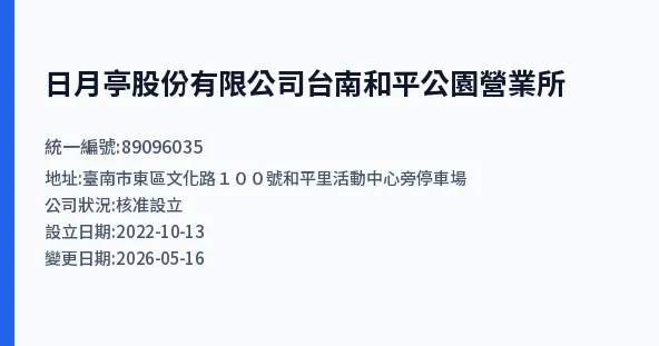 日月亭股份有限公司台南和平公園營業所的照片-統編 89096035(臺南市) 公司登記資料與營業項目詳細圖表