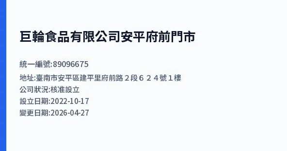 巨輪食品有限公司安平府前門市的照片-統編 89096675(臺南市) 公司登記資料與營業項目詳細圖表
