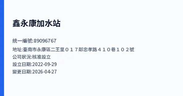 鑫永康加水站的照片-統編 89096767(臺南市) 公司登記資料與營業項目詳細圖表