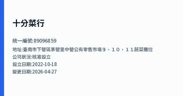 十分菜行的照片-統編 89096859(臺南市) 公司登記資料與營業項目詳細圖表