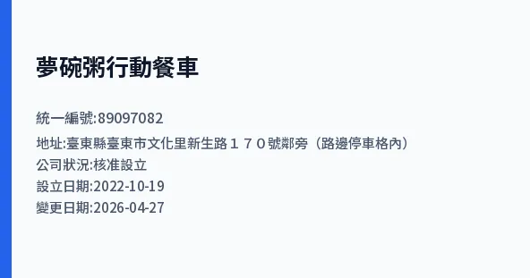 夢碗粥行動餐車的照片-統編 89097082(臺東縣) 公司登記資料與營業項目詳細圖表