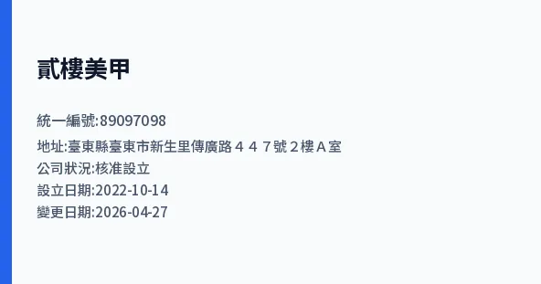 貳樓美甲的照片-統編 89097098(臺東縣) 公司登記資料與營業項目詳細圖表