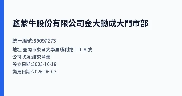 鑫蒙牛股份有限公司金大鋤成大門市部的照片-統編 89097273(臺南市) 公司登記資料與營業項目詳細圖表