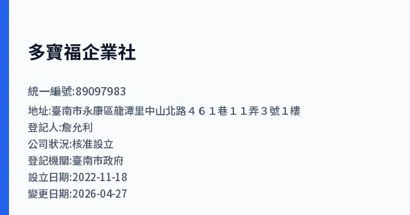 多寶福企業社的照片-統編 89097983(臺南市) 公司登記資料與營業項目詳細圖表