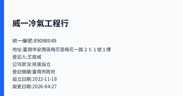 威一冷氣工程行的照片-統編 89098049(臺南市) 公司登記資料與營業項目詳細圖表