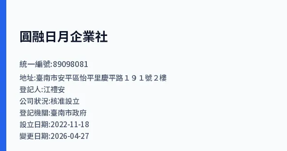 圓融日月企業社的照片-統編 89098081(臺南市) 公司登記資料與營業項目詳細圖表