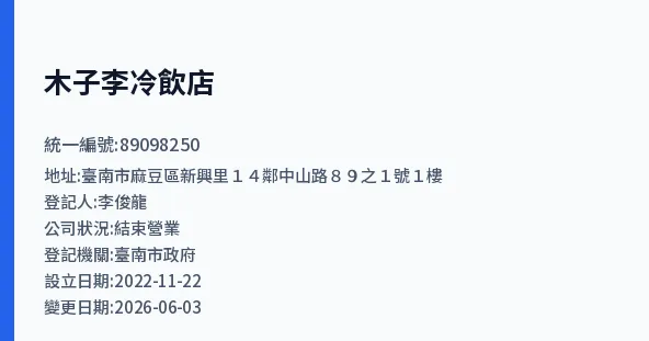 木子李冷飲店的照片-統編 89098250(臺南市) 公司登記資料與營業項目詳細圖表