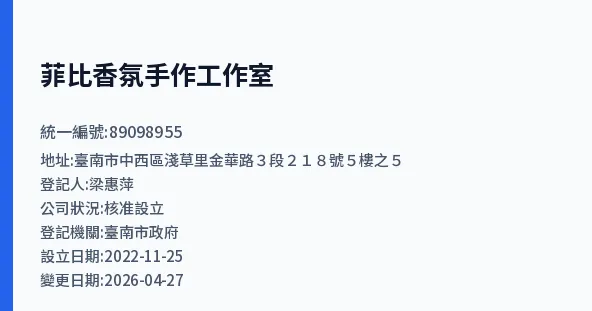 菲比香氛手作工作室的照片-統編 89098955(臺南市) 公司登記資料與營業項目詳細圖表