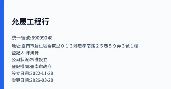 允晟工程行的照片-統編 89099048(臺南市) 公司登記資料與營業項目詳細圖表