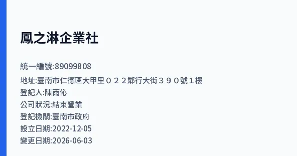鳳之淋企業社的照片-統編 89099808(臺南市) 公司登記資料與營業項目詳細圖表