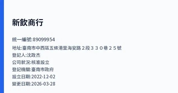 新飲商行的照片-統編 89099954(臺南市) 公司登記資料與營業項目詳細圖表