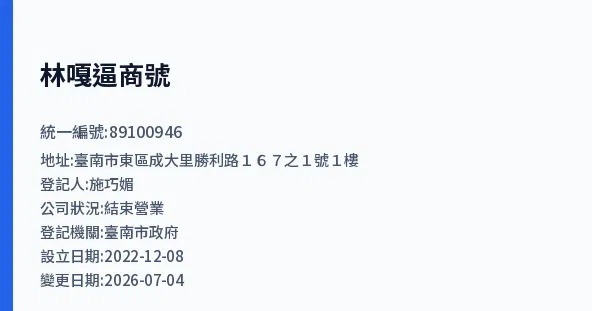 林嘎逼商號的照片-統編 89100946(臺南市) 公司登記資料與營業項目詳細圖表