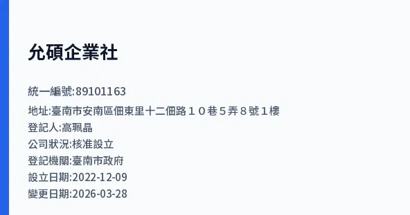 允碩企業社的照片-統編 89101163(臺南市) 公司登記資料與營業項目詳細圖表