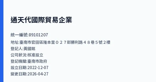通天代國際貿易企業的照片-統編 89101207(臺南市) 公司登記資料與營業項目詳細圖表