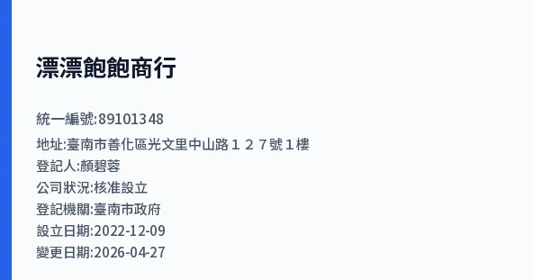 漂漂飽飽商行的照片-統編 89101348(臺南市) 公司登記資料與營業項目詳細圖表
