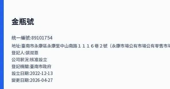 金瓶號的照片-統編 89101754(臺南市) 公司登記資料與營業項目詳細圖表