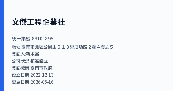 文傑工程企業社的照片-統編 89101895(臺南市) 公司登記資料與營業項目詳細圖表