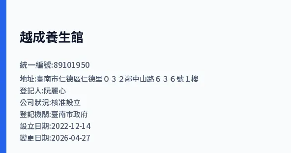 越成養生館的照片-統編 89101950(臺南市) 公司登記資料與營業項目詳細圖表