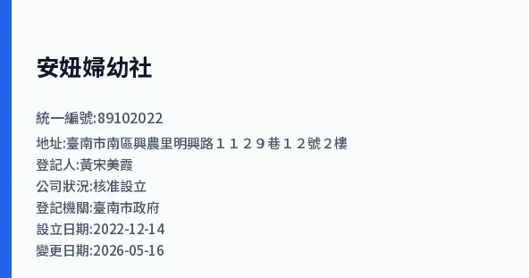 安妞婦幼社的照片-統編 89102022(臺南市) 公司登記資料與營業項目詳細圖表