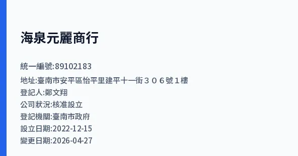 海泉元麗商行的照片-統編 89102183(臺南市) 公司登記資料與營業項目詳細圖表