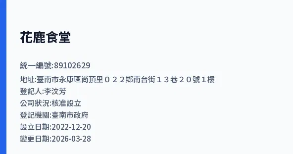 花鹿食堂的照片-統編 89102629(臺南市) 公司登記資料與營業項目詳細圖表