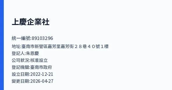 上慶企業社的照片-統編 89103296(臺南市) 公司登記資料與營業項目詳細圖表