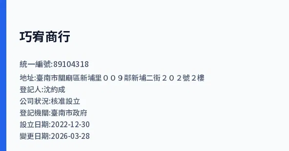 巧宥商行的照片-統編 89104318(臺南市) 公司登記資料與營業項目詳細圖表