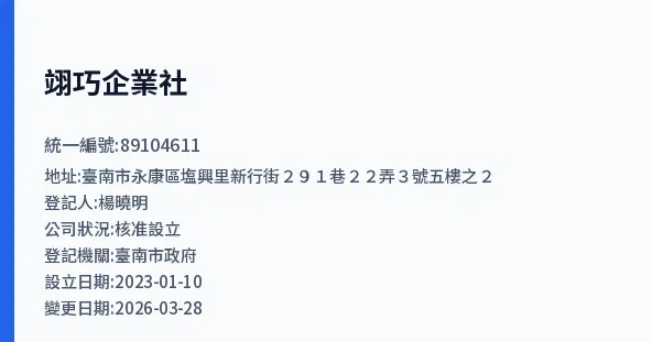 翊巧企業社的照片-統編 89104611(臺南市) 公司登記資料與營業項目詳細圖表