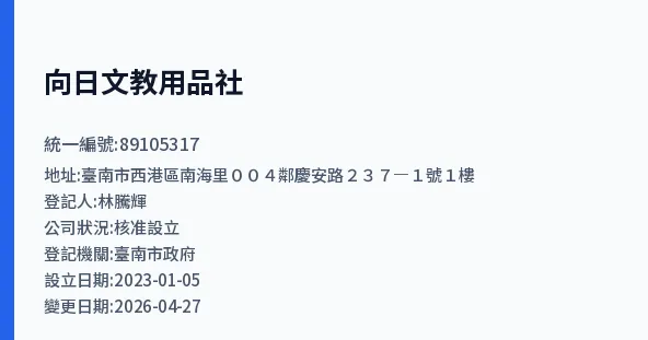 向日文教用品社的照片-統編 89105317(臺南市) 公司登記資料與營業項目詳細圖表