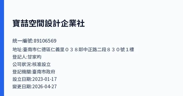 寶喆空間設計企業社的照片-統編 89106569(臺南市) 公司登記資料與營業項目詳細圖表