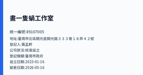 畫一隻蝸工作室的照片-統編 89107005(臺南市) 公司登記資料與營業項目詳細圖表