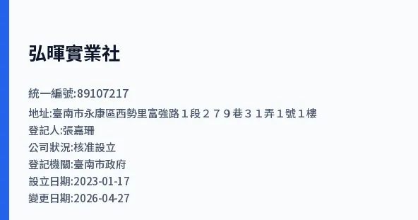 弘暉實業社的照片-統編 89107217(臺南市) 公司登記資料與營業項目詳細圖表
