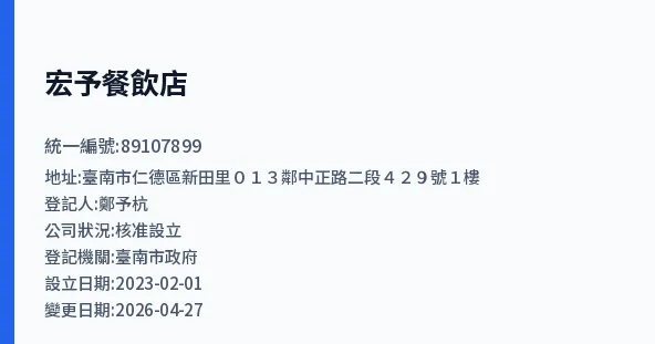 宏予餐飲店的照片-統編 89107899(臺南市) 公司登記資料與營業項目詳細圖表
