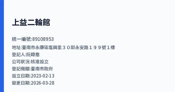 上益二輪館的照片-統編 89108953(臺南市) 公司登記資料與營業項目詳細圖表