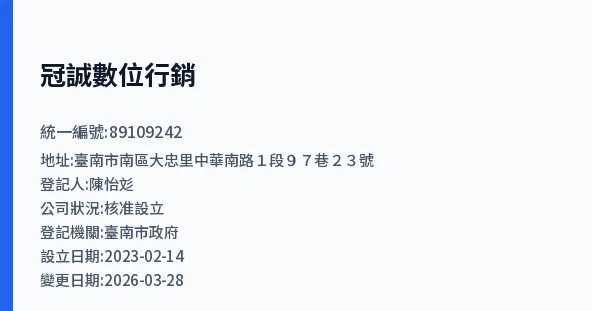 冠誠數位行銷的照片-統編 89109242(臺南市) 公司登記資料與營業項目詳細圖表